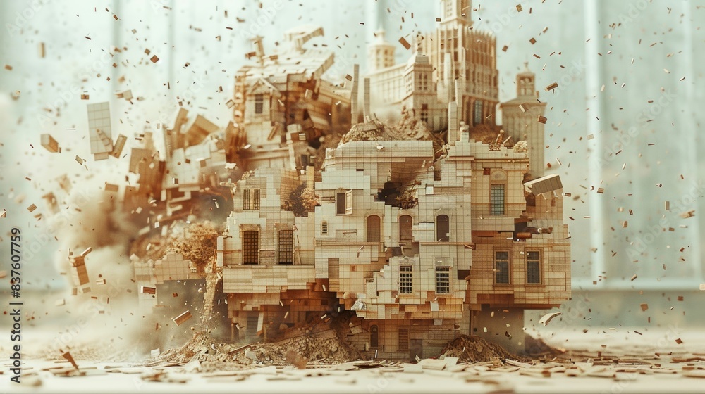 A symbolic 3D wooden model of a crumbling building, conveying the ...