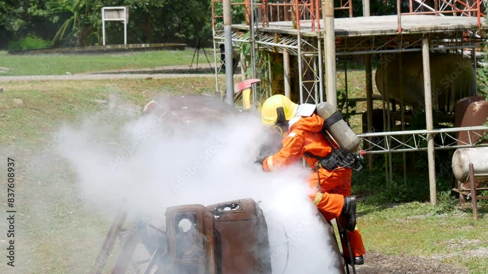 Firefighter rescue kids trapping in fire house and fighting with flame ...