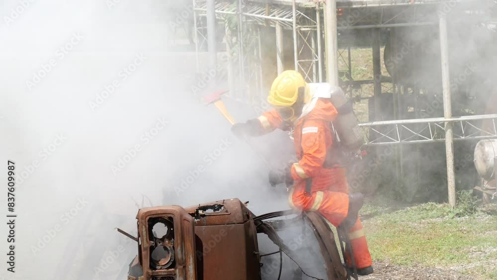 Firefighter rescue kids trapping in fire house and fighting with flame ...