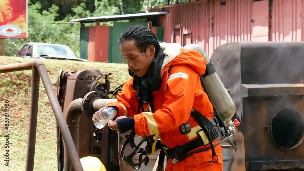 Firefighter rescue kids trapping in fire house and fighting with flame ...