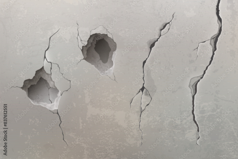 Old broken concrete wall with cracks and holes. Realistic 3d vector ...