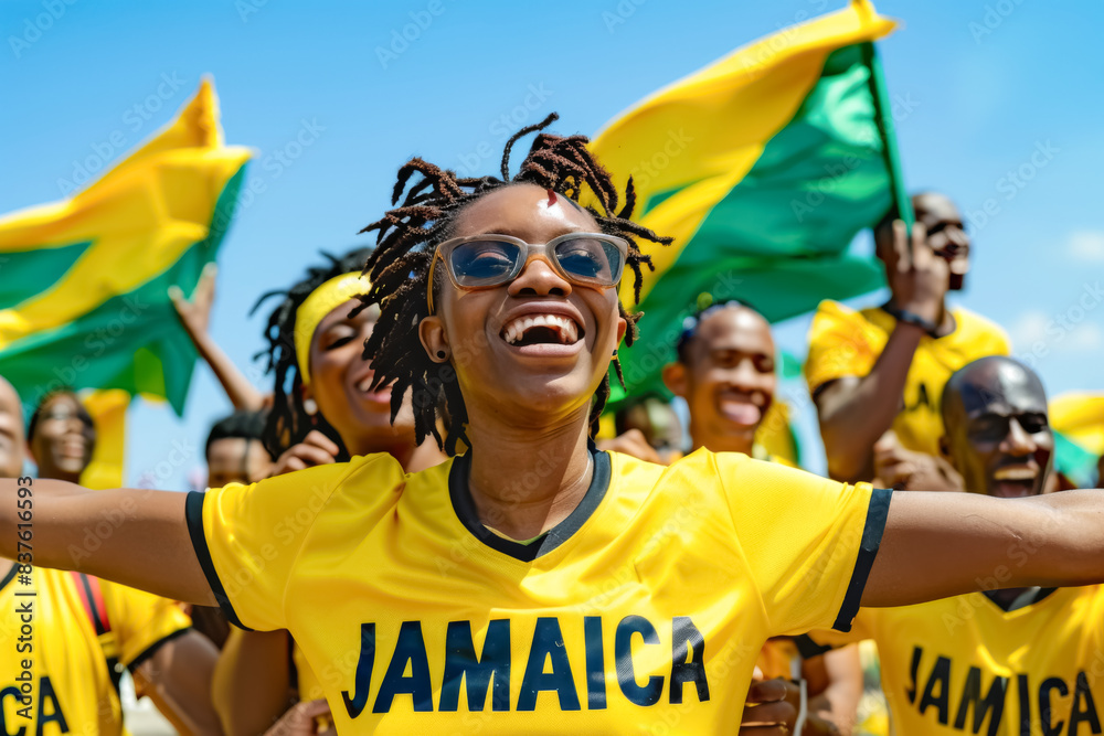 Jamaican football soccer fans in a stadium supporting the national team ...