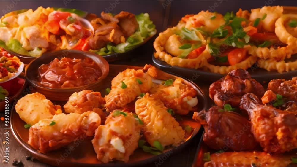 Overhead Shot of Pub Appetizers Featuring Mozzarella Sticks, Wings, and ...