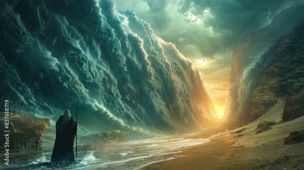 Moses parting the Red Sea, with towering walls of water on either side ...