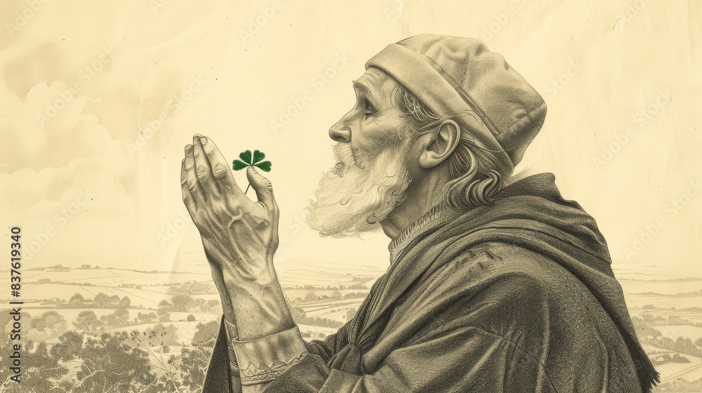 Saint Patrick praying with a shamrock, symbolizing Holy Trinity, serene ...