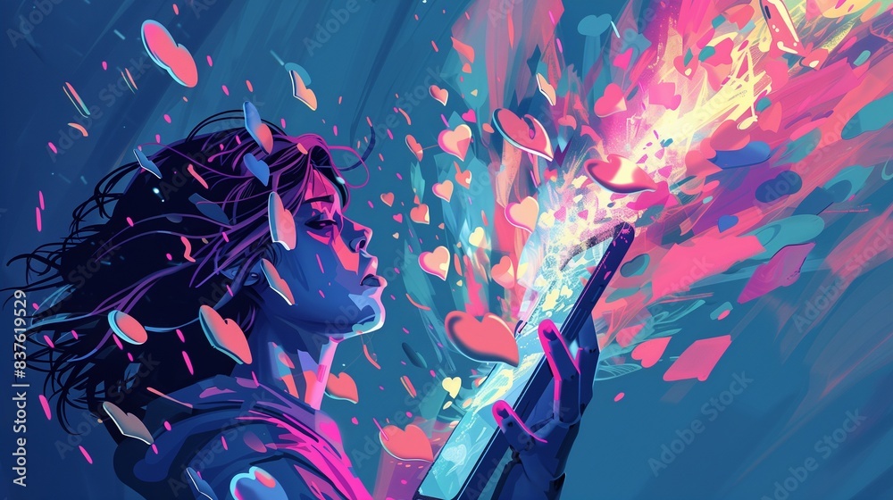 Illustrate a person in a trance-like state, mesmerized by their phone ...