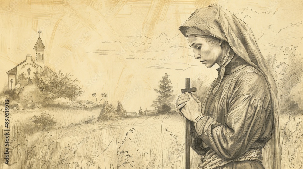 Devoted Saint Margaret Clitherow praying with a cross, serene church ...