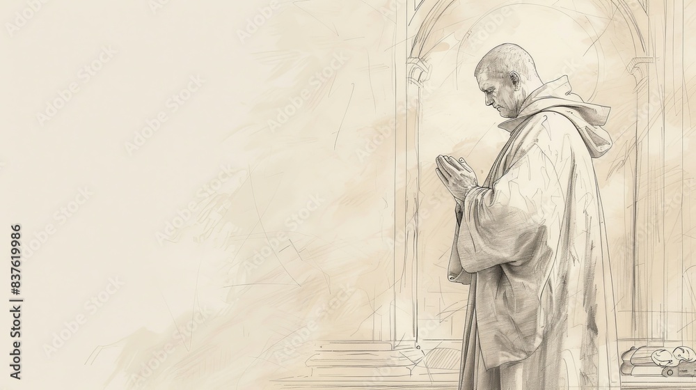 Devoted Saint Kieran of Clonmacnoise praying in a monastery, piety and ...