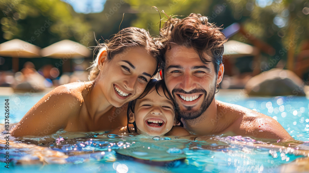 happy family with a child having fun and relaxing in indoor swimming ...