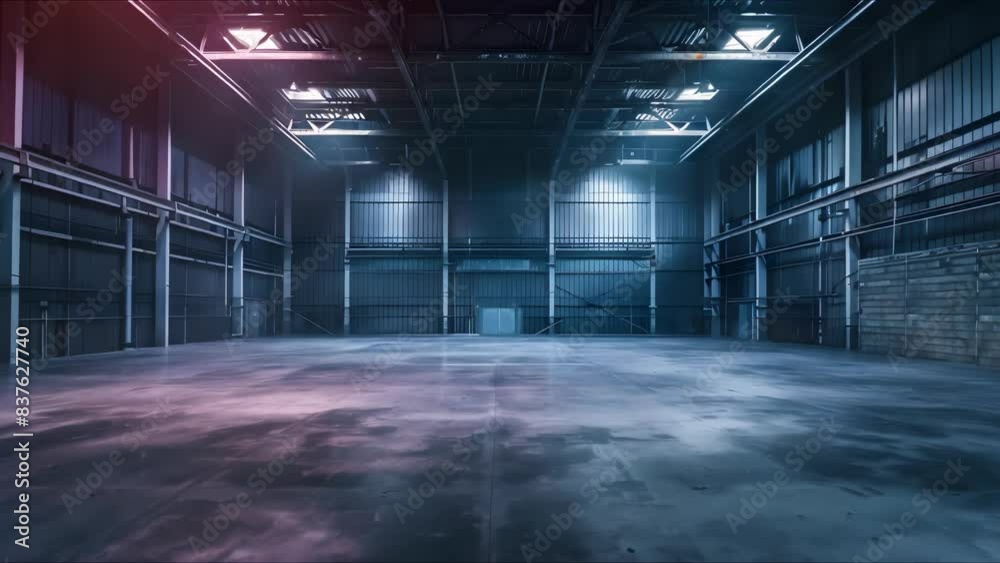 Industrial building interior with concrete floor metal walls and empty ...