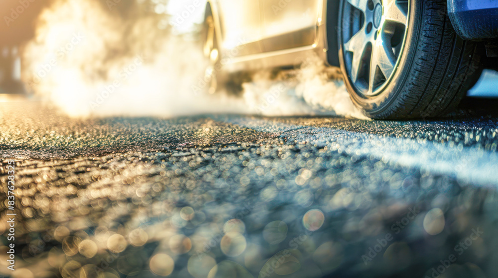 Stockfoto med beskrivningen Solid particles flying out from under the ...