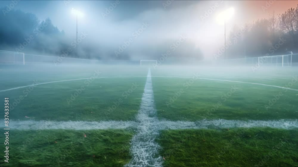 A vivid soccer field with textured turf in the center and midfield ...