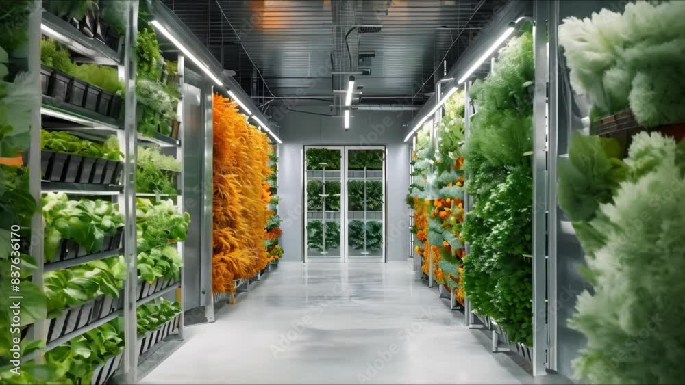 Vertical farming walls in a corridor maximize space for growing plants ...
