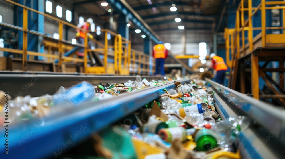 Industrial Recycling Facility: Illustrate workers sorting and ...