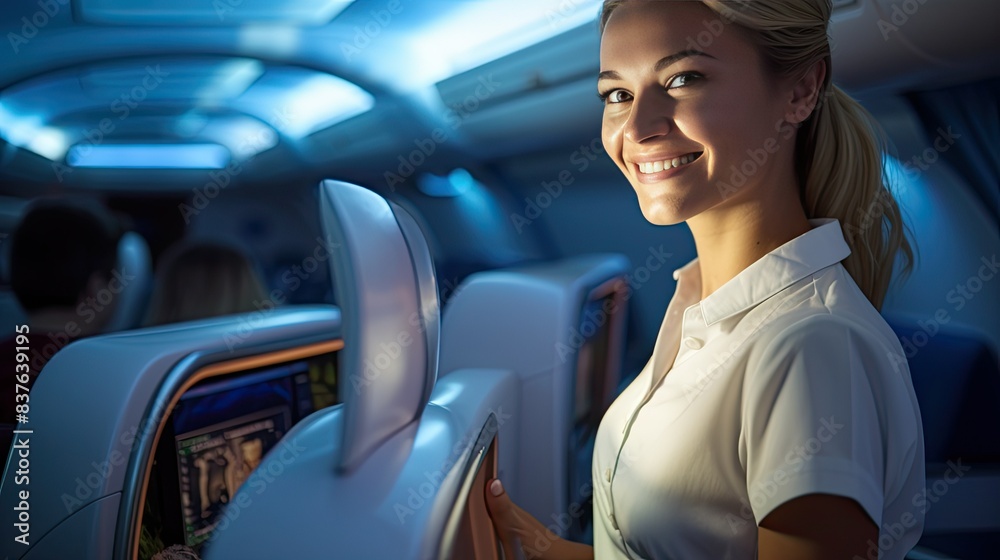 Photograph of a charming air hostess leaning against the galley cart ...