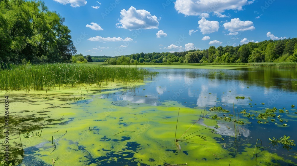 Toxic Algal Blooms: Photograph a lake or pond covered in thick green ...