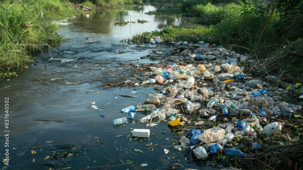Trash Accumulation: Illustrate a polluted river or stream choked with ...