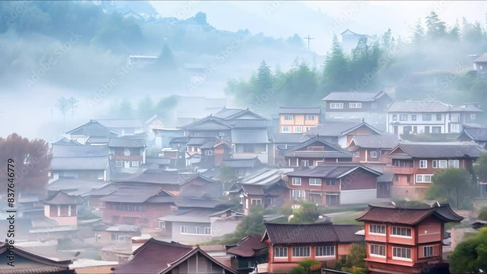 Scenic Chinese mountain village with tightly clustered small houses ...