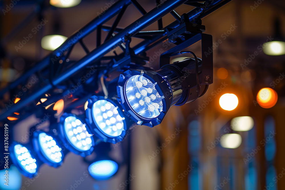 Lighting truss system with spotlights in an indoor theater or ...