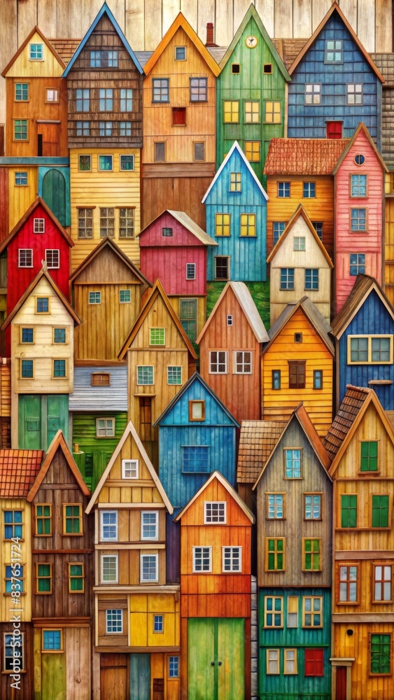 A colorful painting of many houses, houses made by wood, houses made in ...