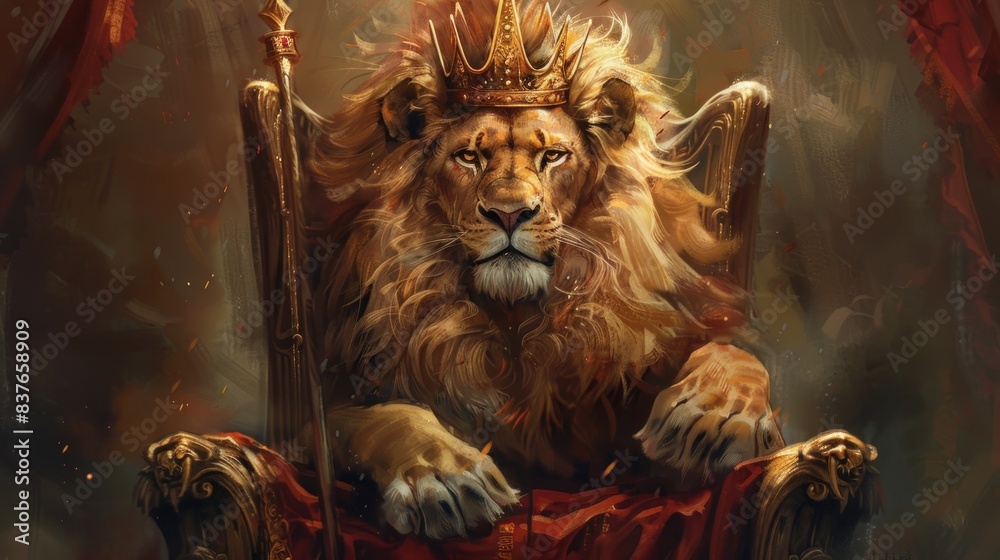 The lion king wears a crown and scepter sitting on a royal chair ...