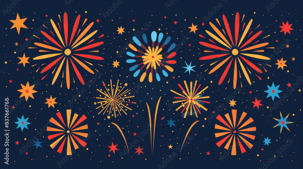 2D flat style illustration of Independence Day with colorful fireworks ...