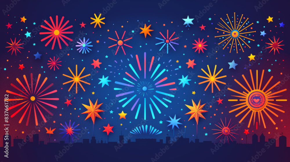 2D flat style illustration of Independence Day with colorful fireworks ...