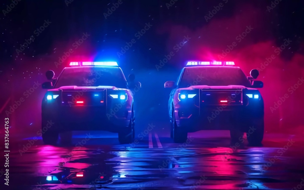 American Police Car and Emergency truck with Blue and red lights. US ...