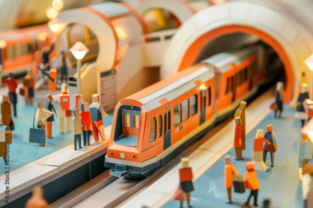 Papercraft Art of a Busy Urban Subway Station with Trains, Commuters ...