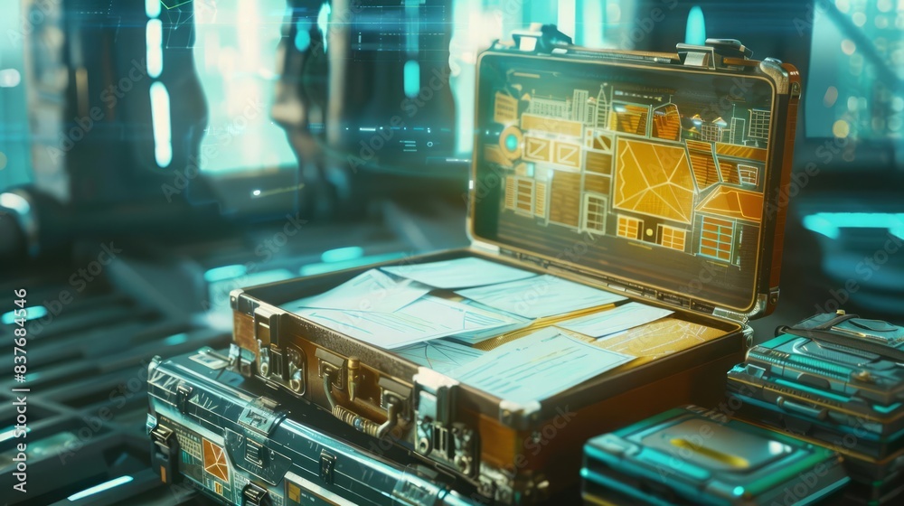 In a mysterious, hightech setting, a briefcase filled with colorful ...