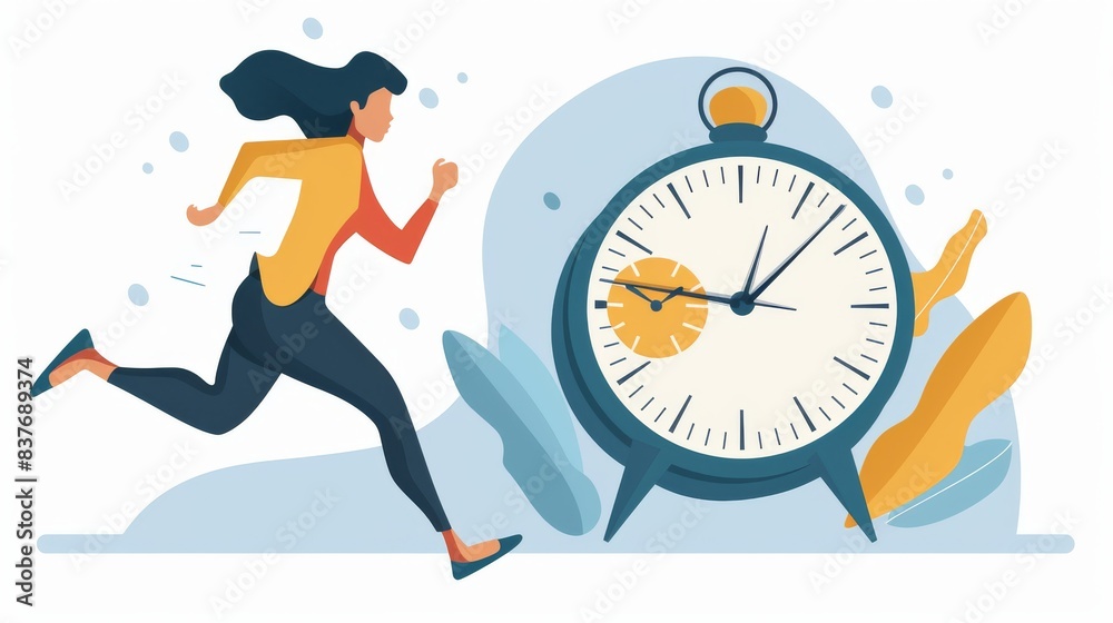 cartoon vector illustration of being late, woman run in burning o'clock ...