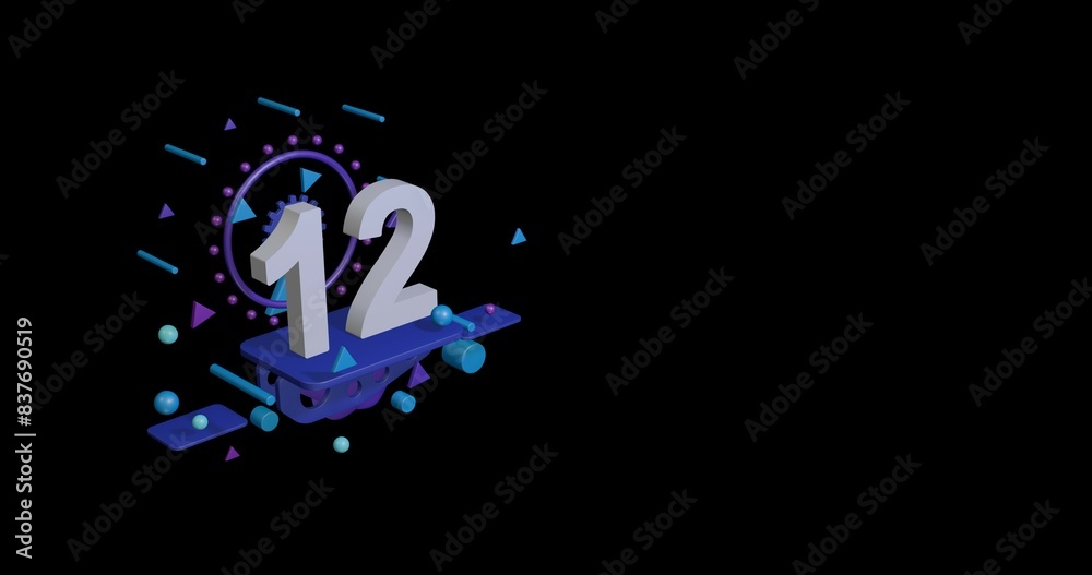 White twelve number on a pedestal of abstract geometric shapes floating ...