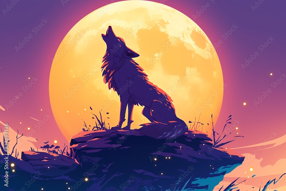Super cute illustration of a wolf howling at the moon, vibrant colors ...