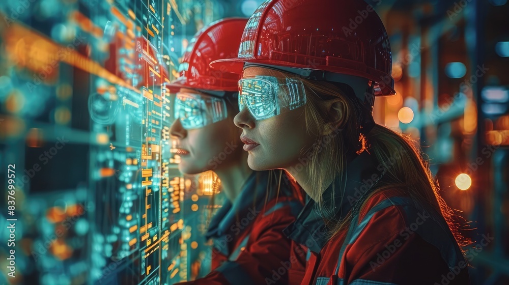 Two female engineers wearing red helmets and safety glasses analyze a ...