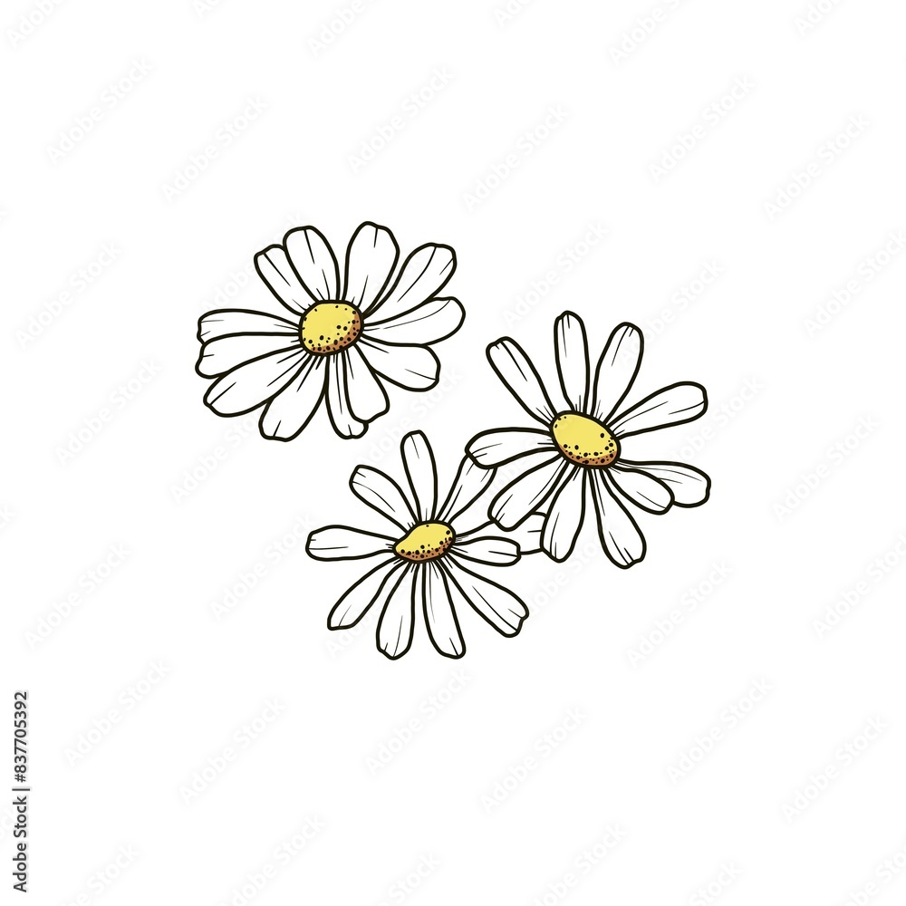 Black and white outline drawing of a daisies with a yellow center drawn ...