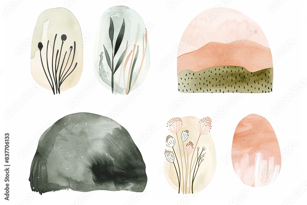 4 clipart images, cute watercolor boho arch, flat shapes in the style ...