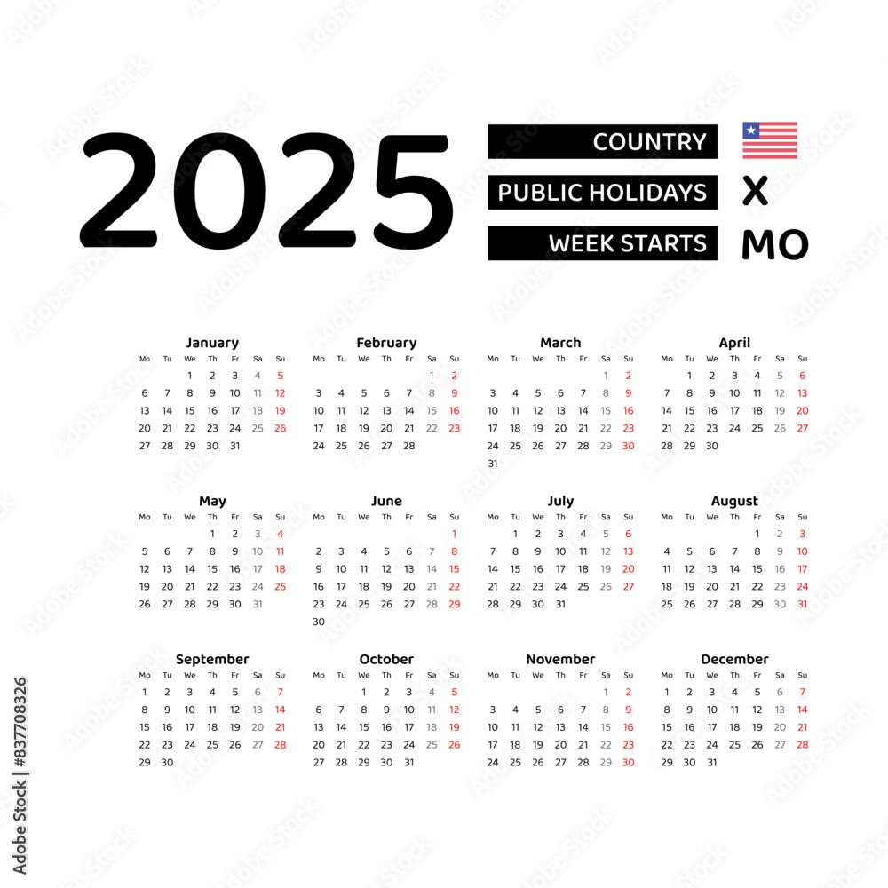 Liberia calendar 2025. Week starts from Monday. Vector graphic design ...