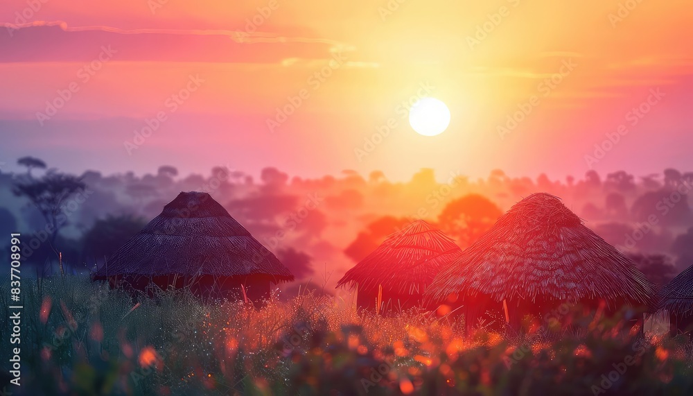 African tribal village, thatched huts, vibrant sunset close up, focus ...
