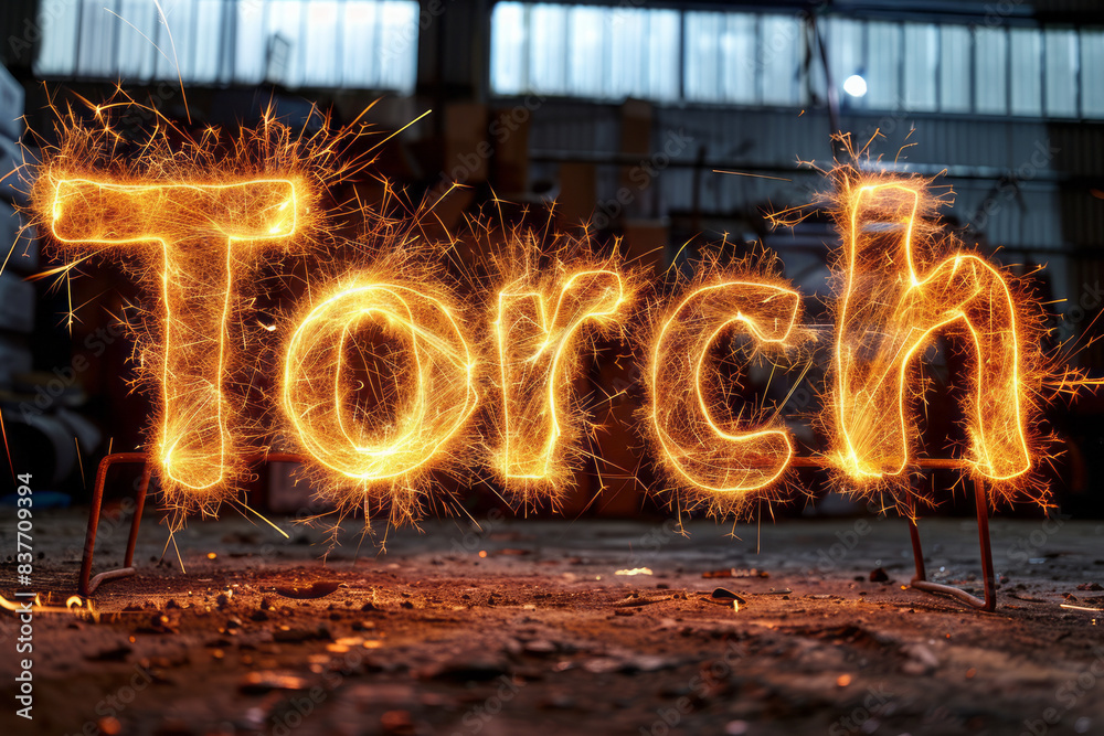 Torch in glowing typography, with a bright, fiery glow and digital ...