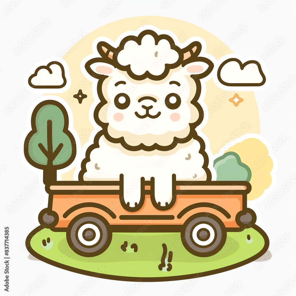 A cute cartoon sheep riding in a wagon with a cheerful expression. The ...