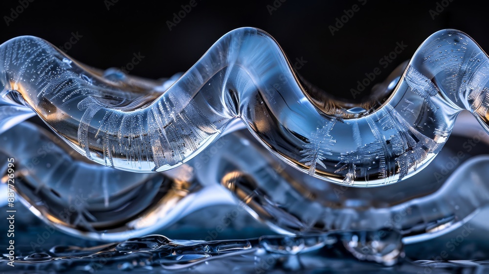 A close-up of a wave's curvaceous form on a water surface, adorned with ...