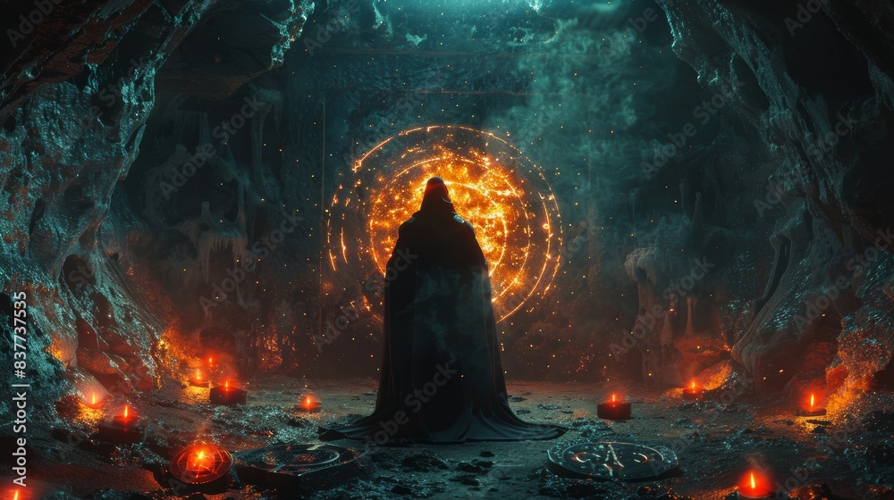 Spectral figure cloaked in shadow, a powerful sorcerer casting ancient ...