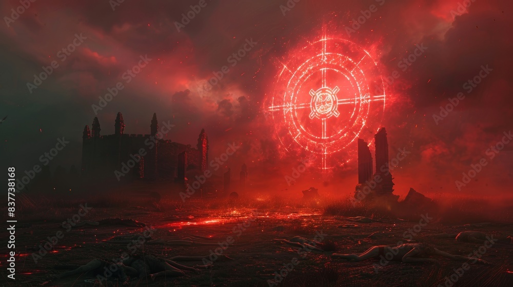 Sinister field of a necromancer with a circle of glowing runes ...