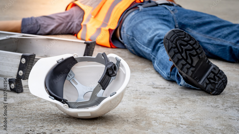 Accident and injury on a construction site. Safety first concept. Male ...