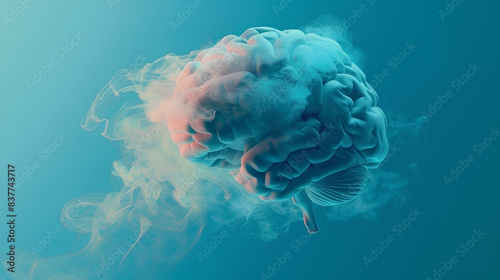 An imaginative portrayal of a tired human brain against a soothing blue ...