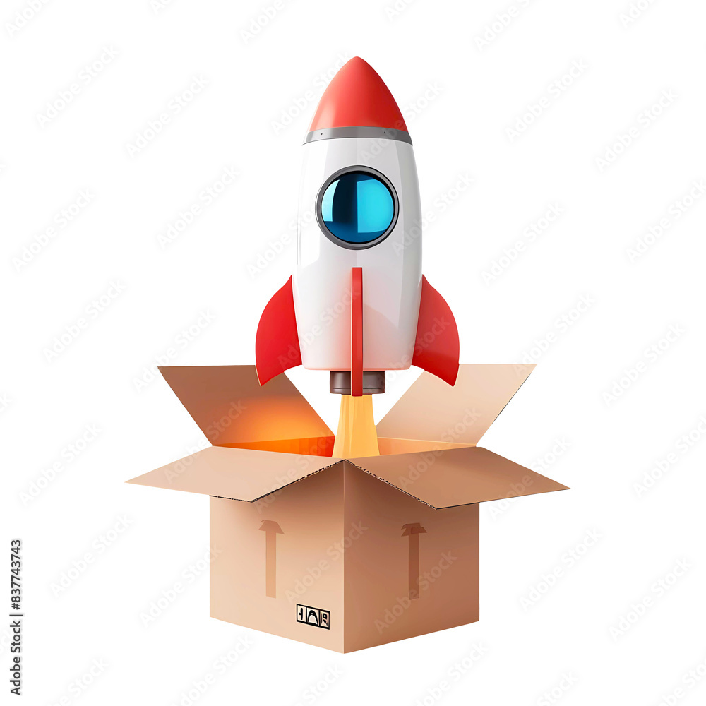 Rocket taking off from a box 3d style on transparent background ...
