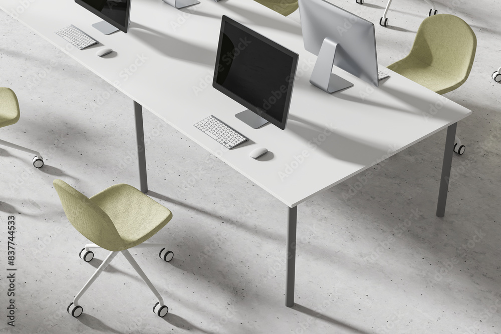 Top view of office workspace interior with pc computers on desk with ...