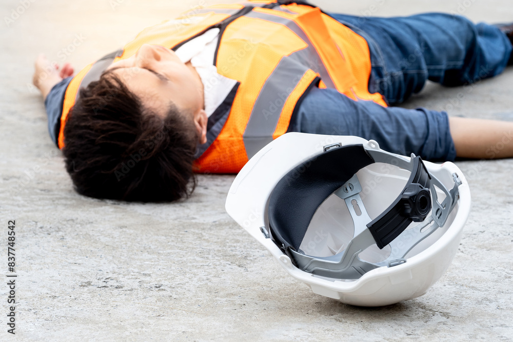 Accident and injury on a construction site. Safety first concept. Male ...