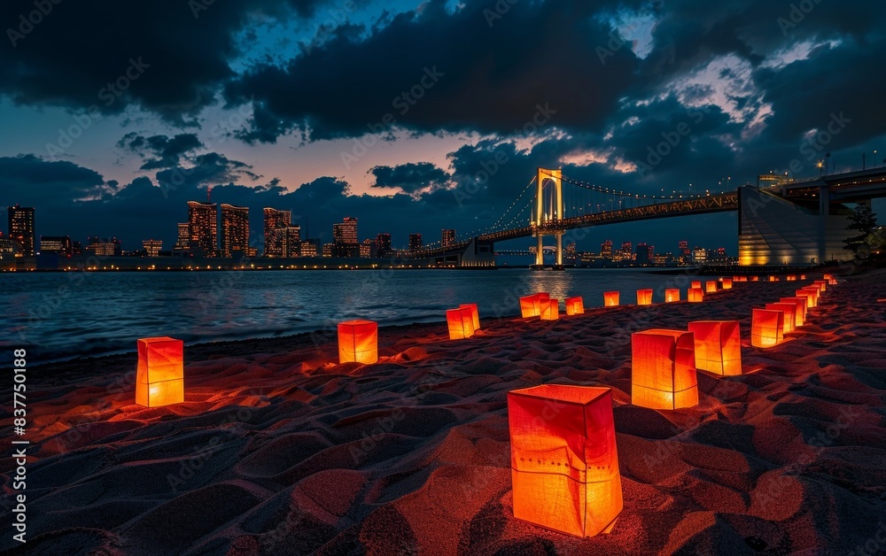 A nightfall beach panorama with a candlelit trail leading towards an ...