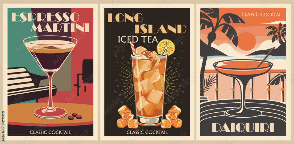 Cocktails Retro Poster Set Long Island Iced Tea Espresso Martini